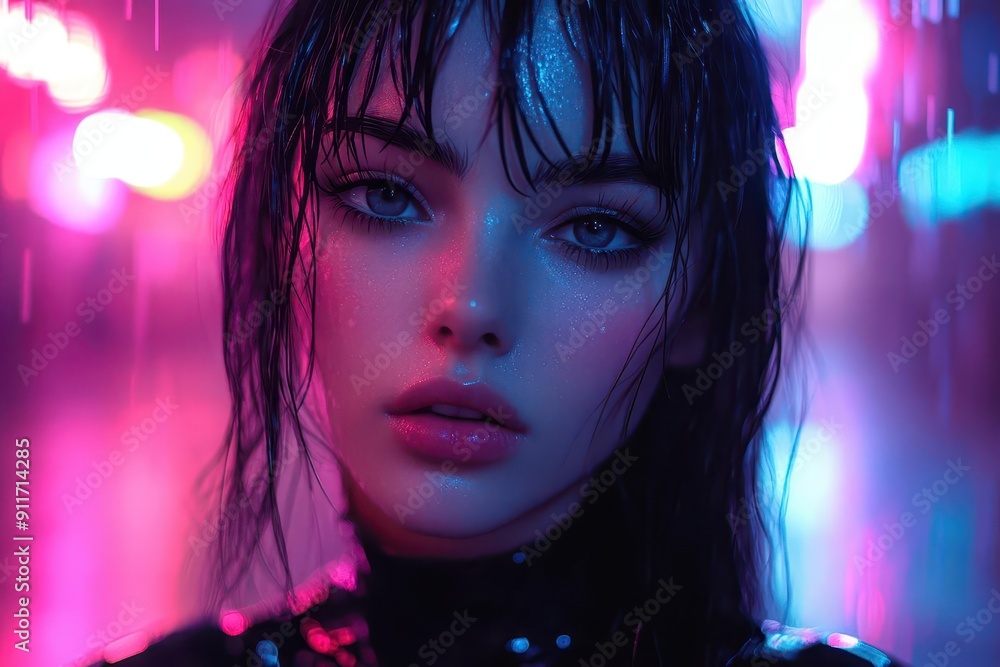 cyberpunk goth woman in sleek black latex neonlit urban backdrop ...