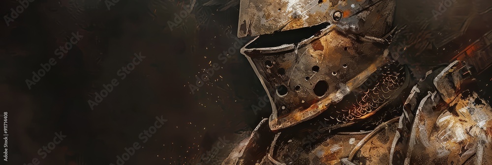 A digital sketch of an old warrior's rusty armor, displayed in a museum ...