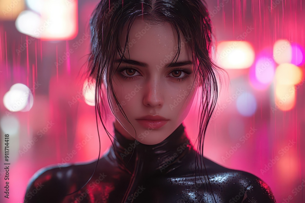 cyberpunk goth woman in sleek black latex neonlit urban backdrop ...