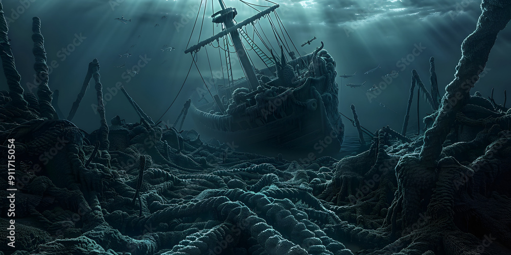 Creepy underwater world with a sunken ship and ghostly terrain ...
