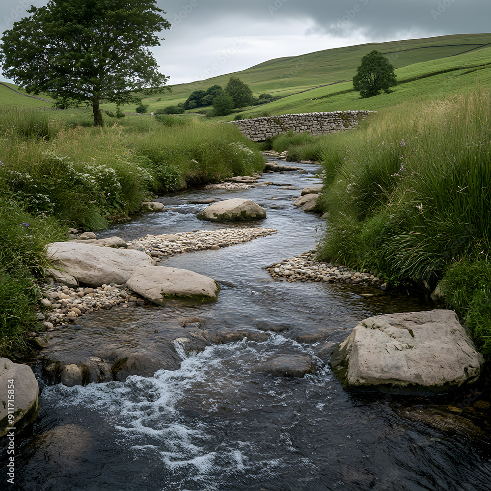 little dale beck river flowing over rocks and pebbles in a lush green ...