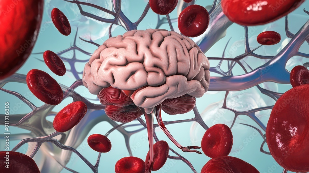 Detailed 3D illustration of a human brain and vascular system with ...