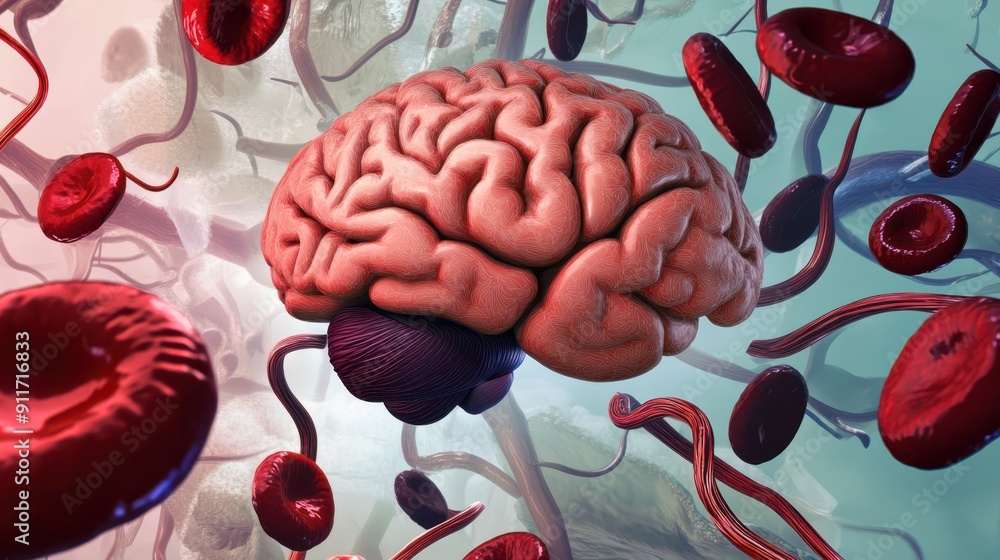Detailed 3D illustration of a human brain and vascular system with ...