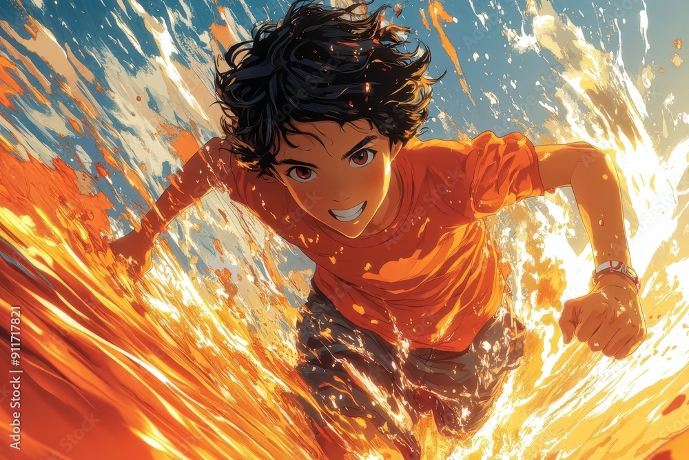energetic anime avatar cartoon asian boy midrun and jump conveying ...