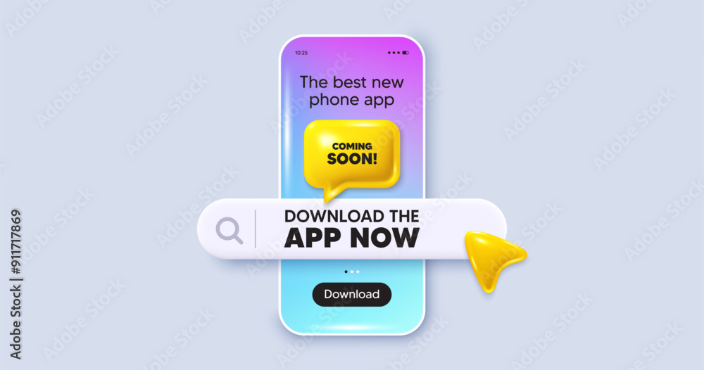 Coming soon tag. Phone mockup screen. Download the app now. Promotion ...