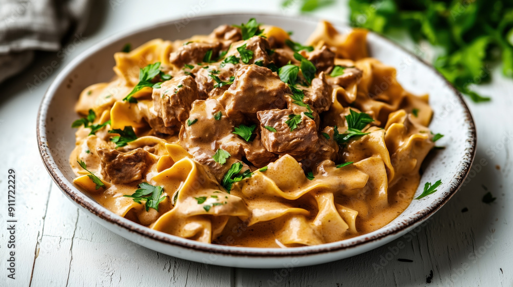 Traditional Russian food Beef Stroganoff: tender beef chunks in a ...