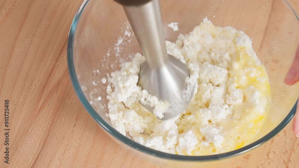 Macro. Cream cheese and eggs are chopped with an immersion blender in a ...