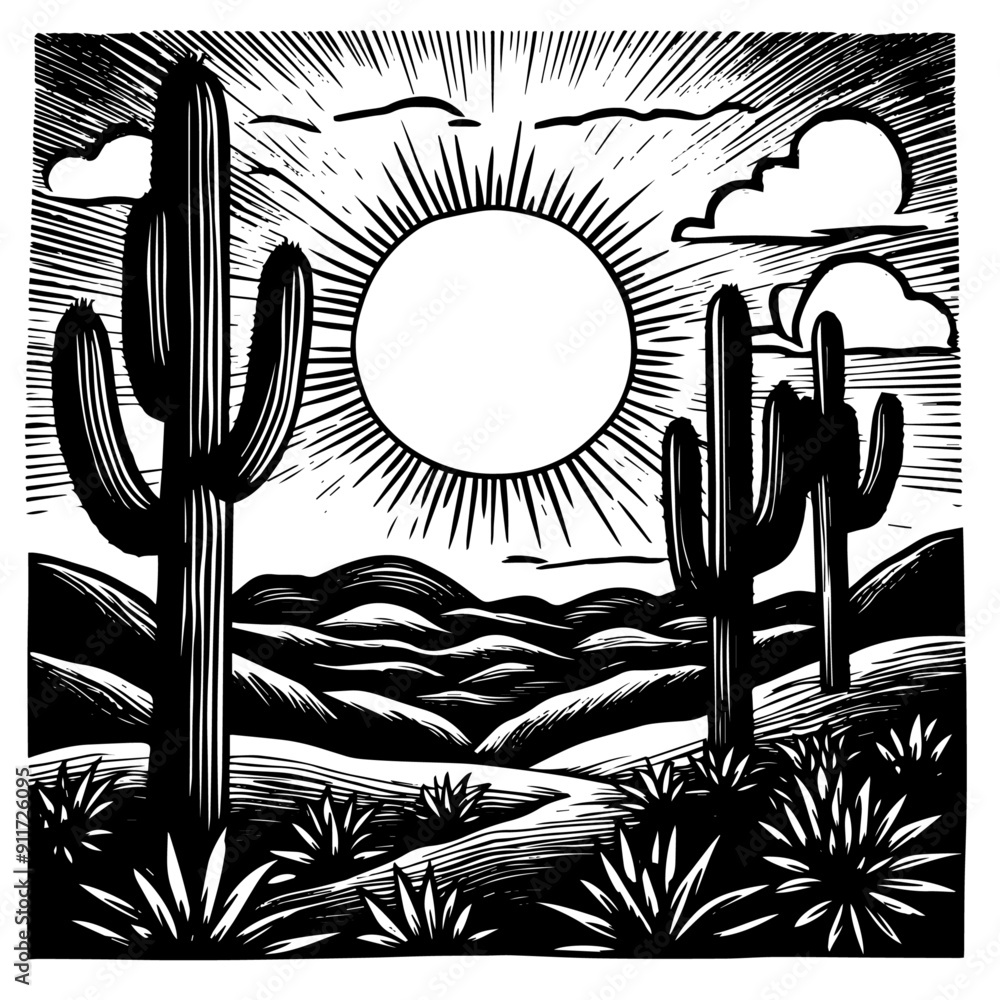 Xilogravura. Sertão do nordeste. Agreste. Stock Vector | Adobe Stock