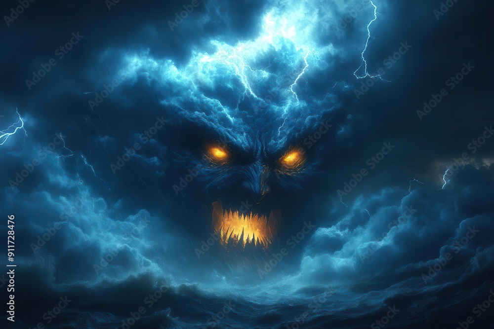 torrential rainstorm personified as an angry anime face formed by dark ...