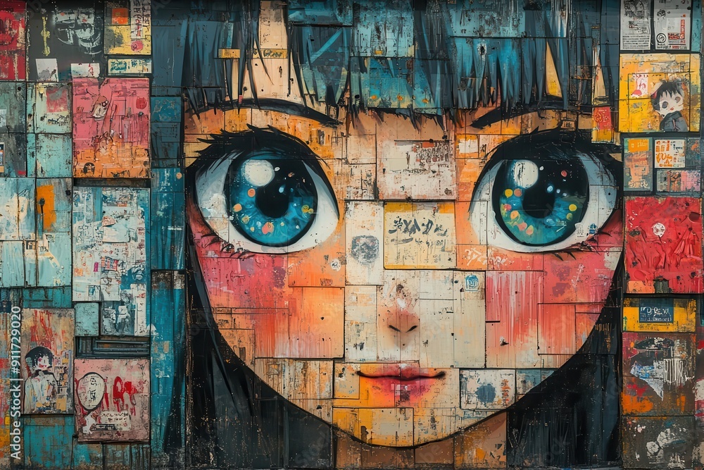 urban anime street art gritty wall covered in colorful graffiti ...