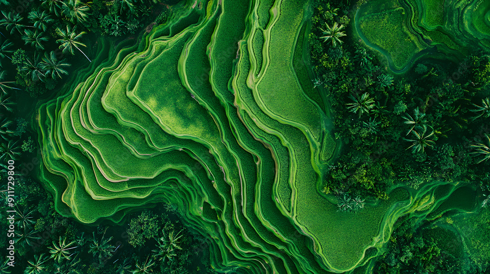 lush green rice terraces in bali captured by fpv drone, under a bright ...
