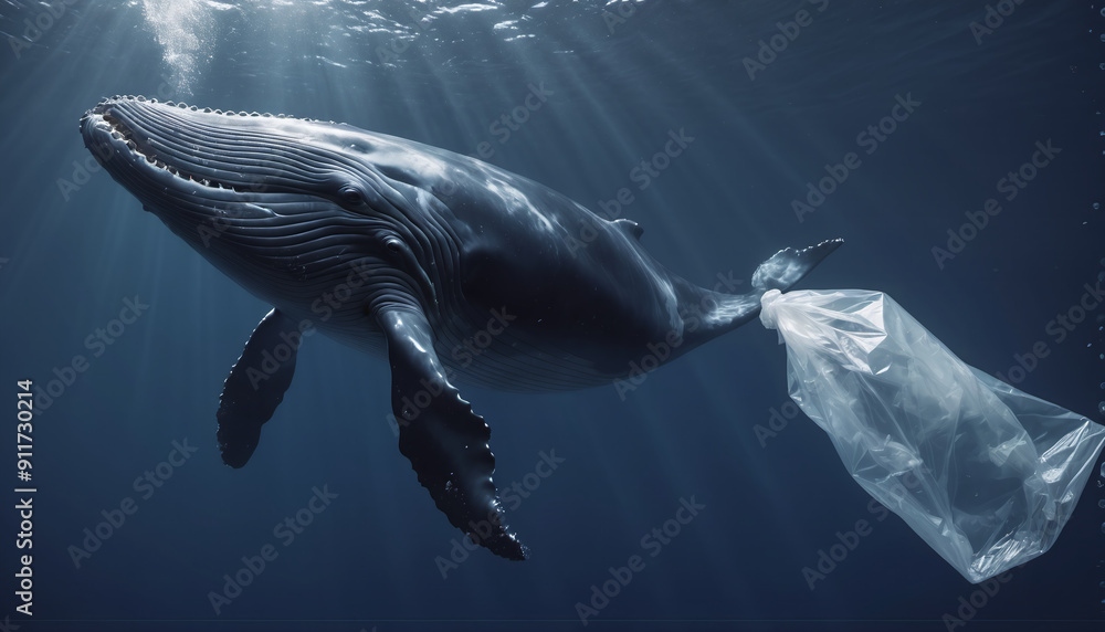 Whale in its natural habitat surrounded by man-made waste and plastic ...