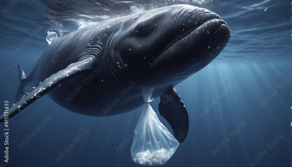 Whale in its natural habitat surrounded by man-made waste and plastic ...