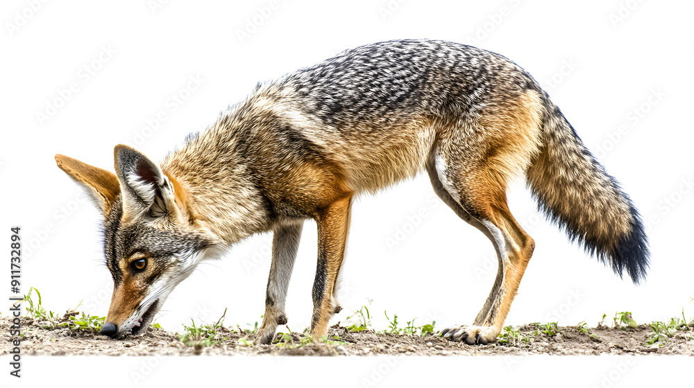 black backed jackal chewing on something isolated on white background, simple style, png Stock ...