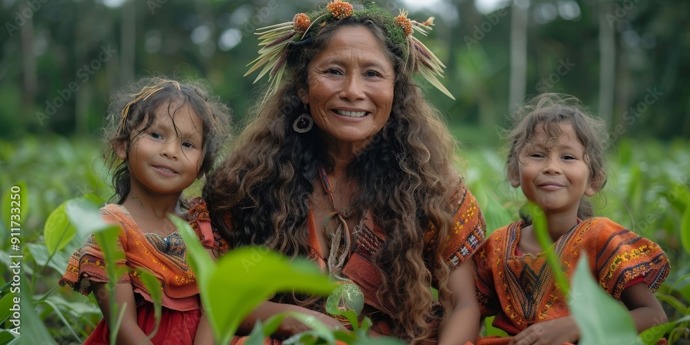 indigenous woman with two young girls, all wearing traditional attire ...