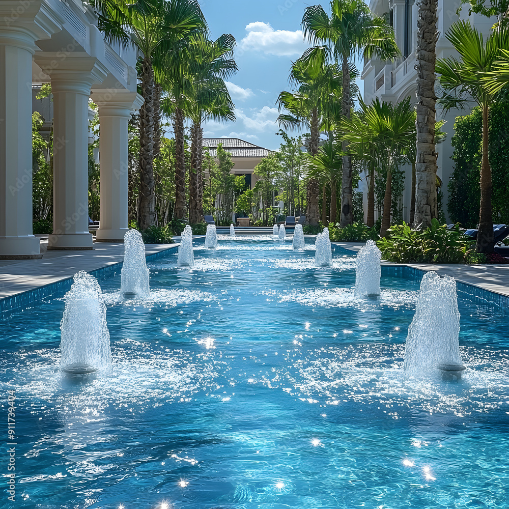 water jets fountain in luxury hotel villa resort pool in phuket ...