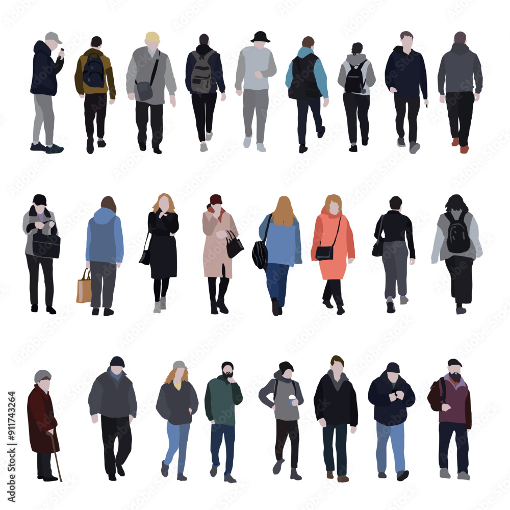 A large set of silhouettes of people. 2D image for use as an entourage ...