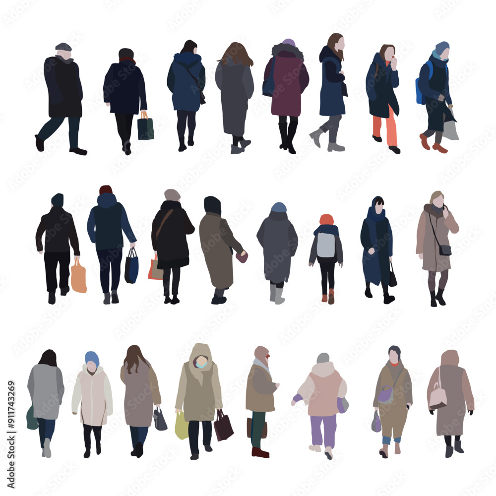 A large set of silhouettes of people. 2D image for use as an entourage ...