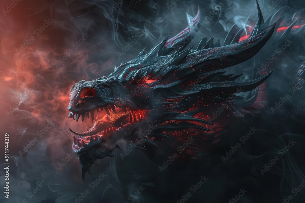 fierce dragon head emerging from swirling smoke scales glistening with ...
