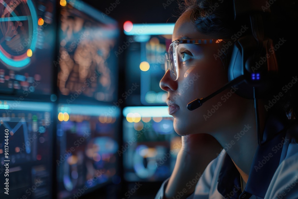 focused female customer service agent in modern call center hub ...