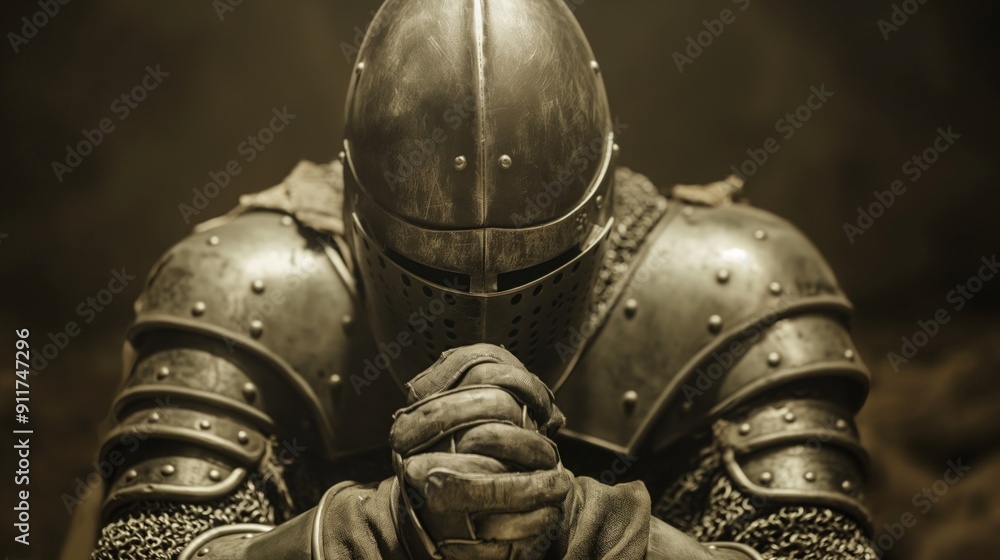 Knight kneeling in prayer before a battle, with a solemn expression ...