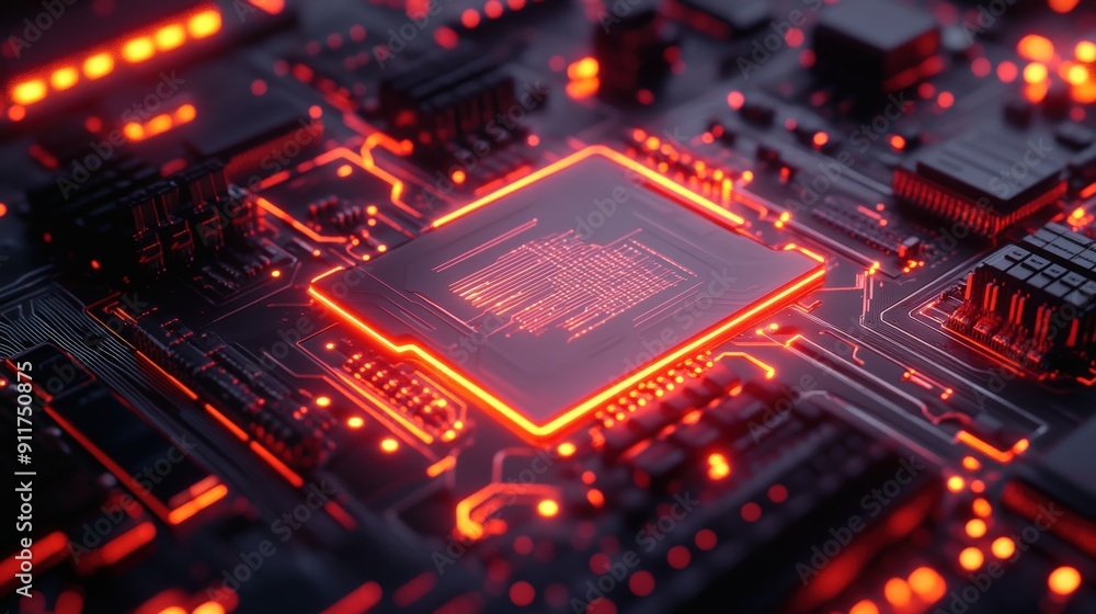 Dynamic neon-lit integrated circuit featuring flowing light streams and ...