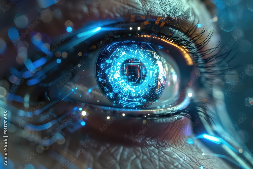 futuristic robotic eye with a glowing blue digital iris intricate ...