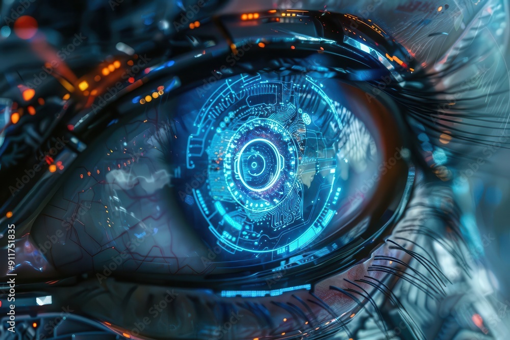futuristic robotic eye with a glowing blue digital iris intricate ...