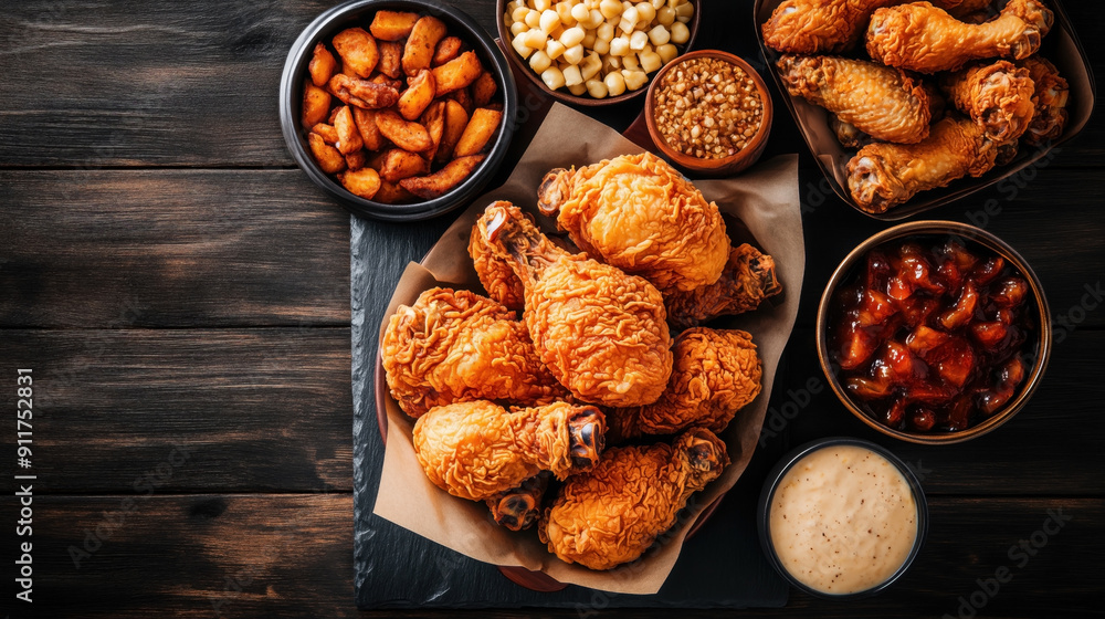 Foto de Traditional American food fried chicken. The image shows golden ...