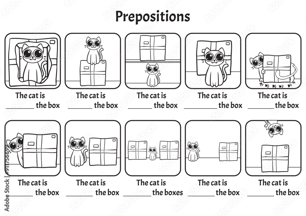 Prepositions with a cat as the model, english learning for kids, cute ...
