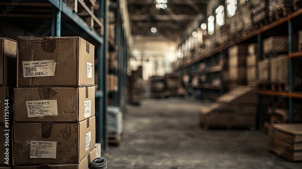 A rundown warehouse with a blurry background. Boxes on shelves have ...