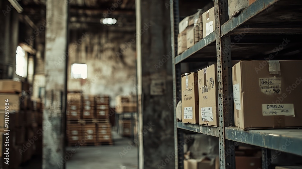 A rundown warehouse with a blurry background. Boxes on shelves have ...