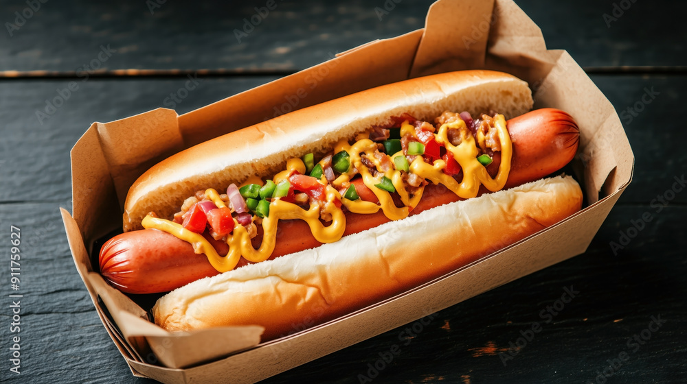 Traditional American food hot dog featuring a grilled sausage in a soft ...