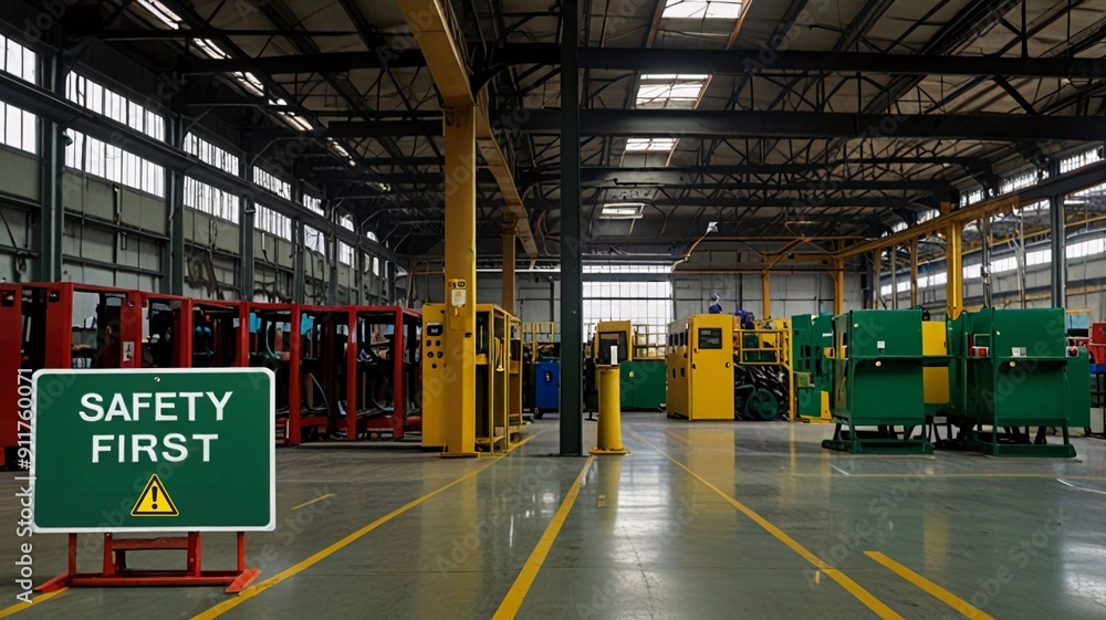 Safety first in industrial factory, warning signs warn workers and ...