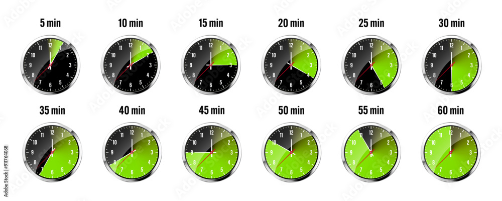 Wall clock, stopwatch icons. Shiny metal chronometer, time counter with ...