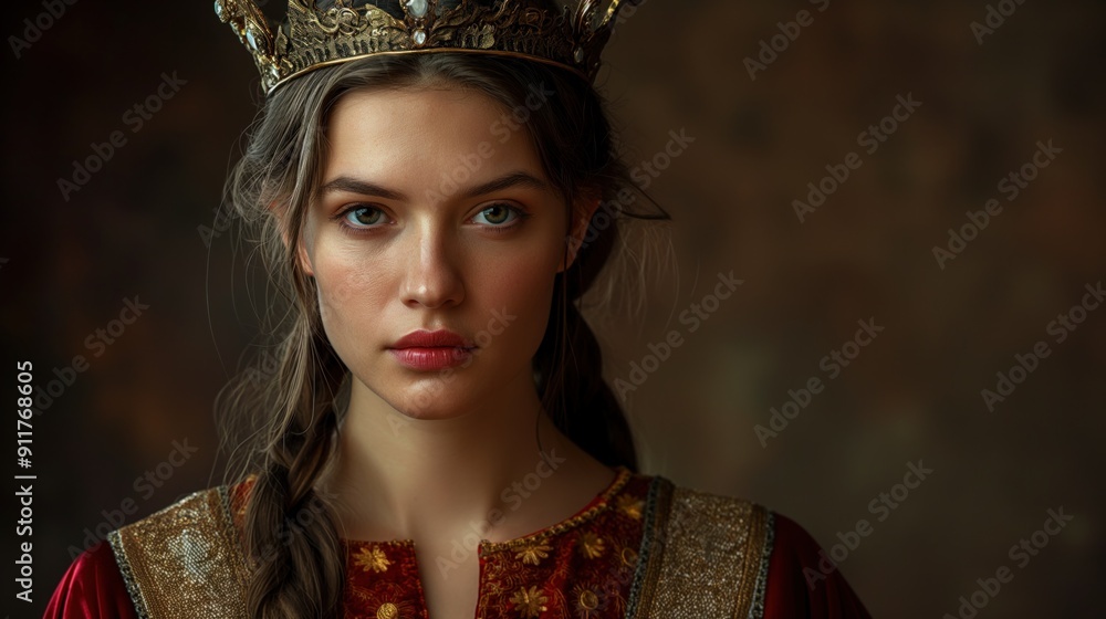 Noble portrait of a medieval queen, her elaborate crown and regal ...