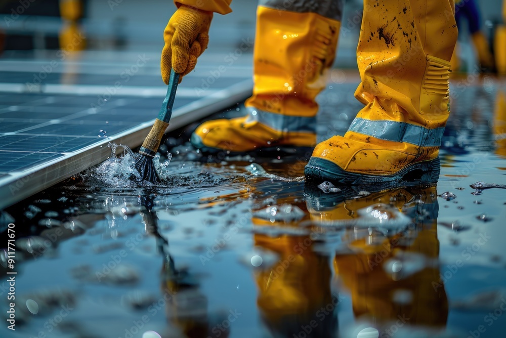 Expert workers cleaning solar cell panels with brush and water in ...