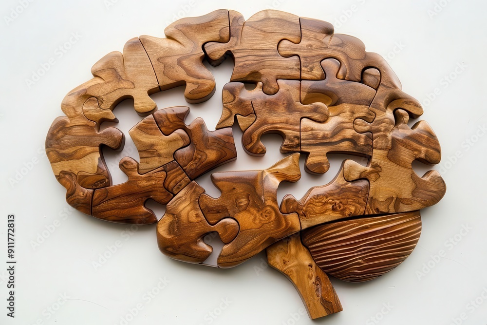 intricate wooden puzzle pieces forming a brain shape emphasizing the ...