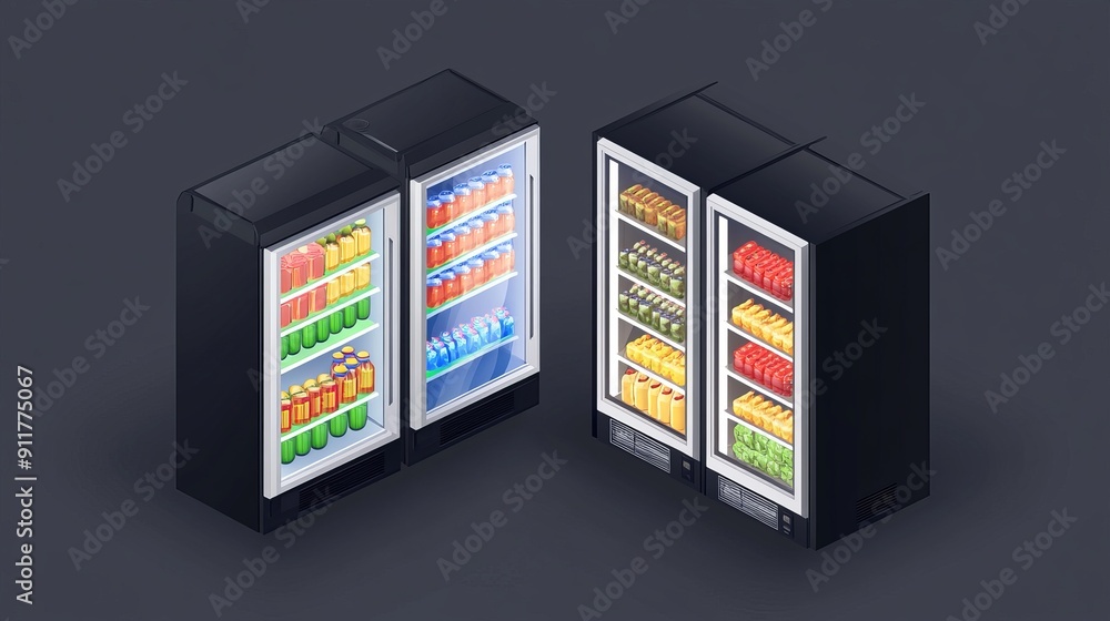 Vector isometric illustration. Display refrigerator mockup set for ...