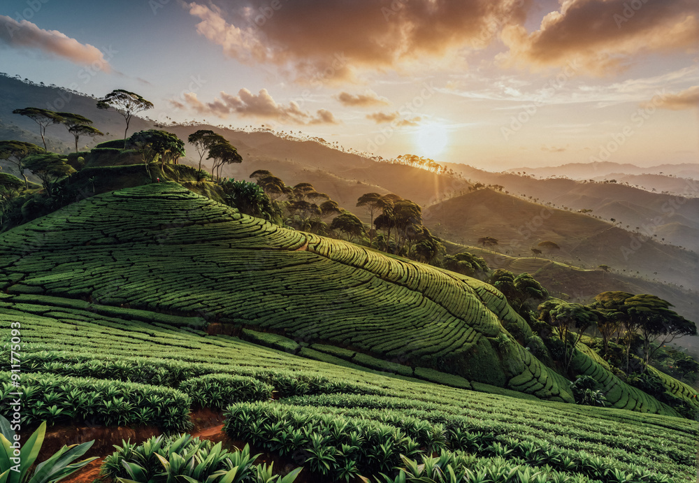 Aerial view of slopes with famous tea plantations in Sri Lanka. Ceylon ...