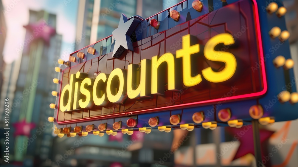 3D cartoon sign with "discounts" displayed in bold, superhero-style ...