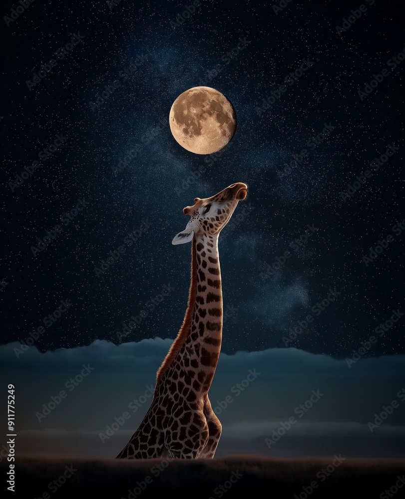Surreal Giraffe Standing Under Full Moon in Starry Night Sky, Capturing ...