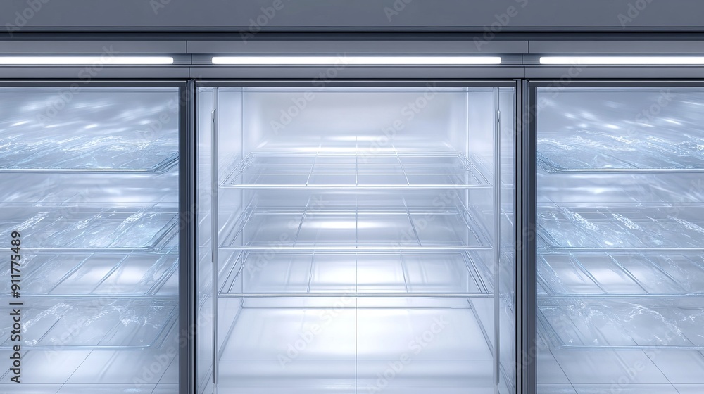 Top view of a supermarket chest freezer with an empty glass door. 3D ...