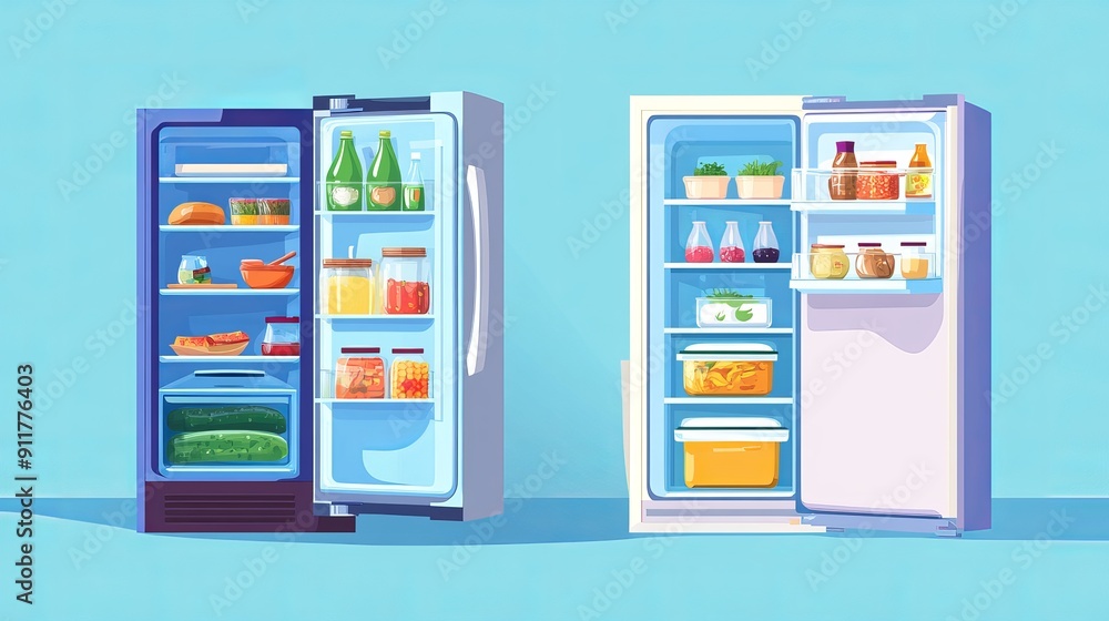 Refrigerators that are open and closed. Cartoon vector illustration of ...