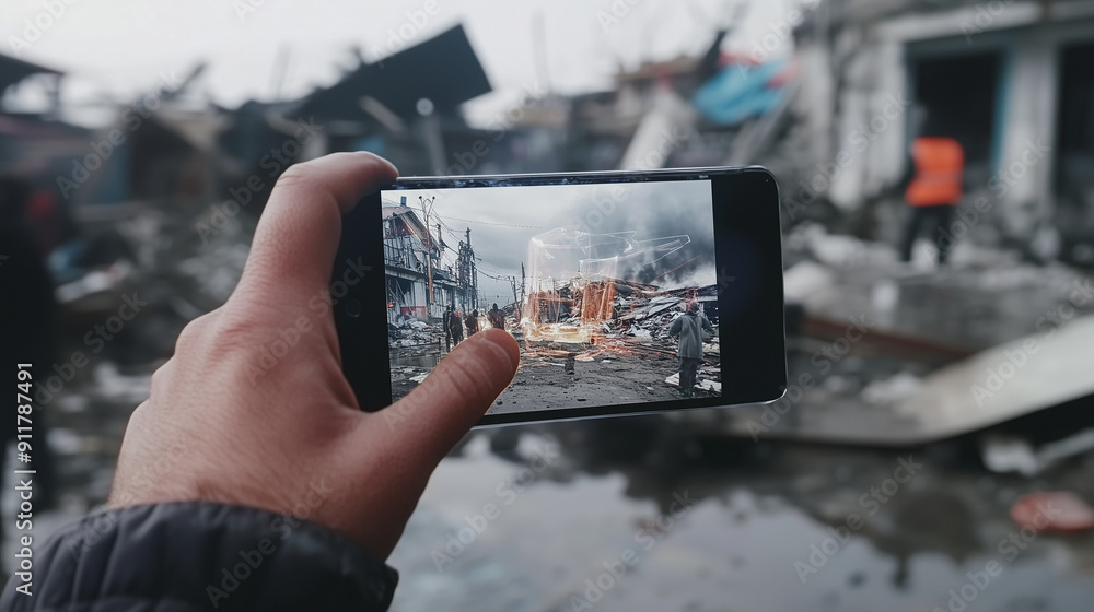Journalist reporting live from a disaster zone, using augmented reality ...