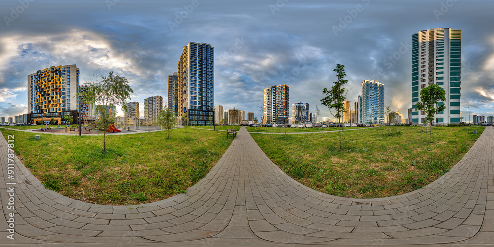 hdri 360 panorama near new skyscrapers and residential complex at evening in full ...