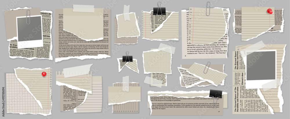 vintage different collage items on top sets of torn paper ripped blocks ...