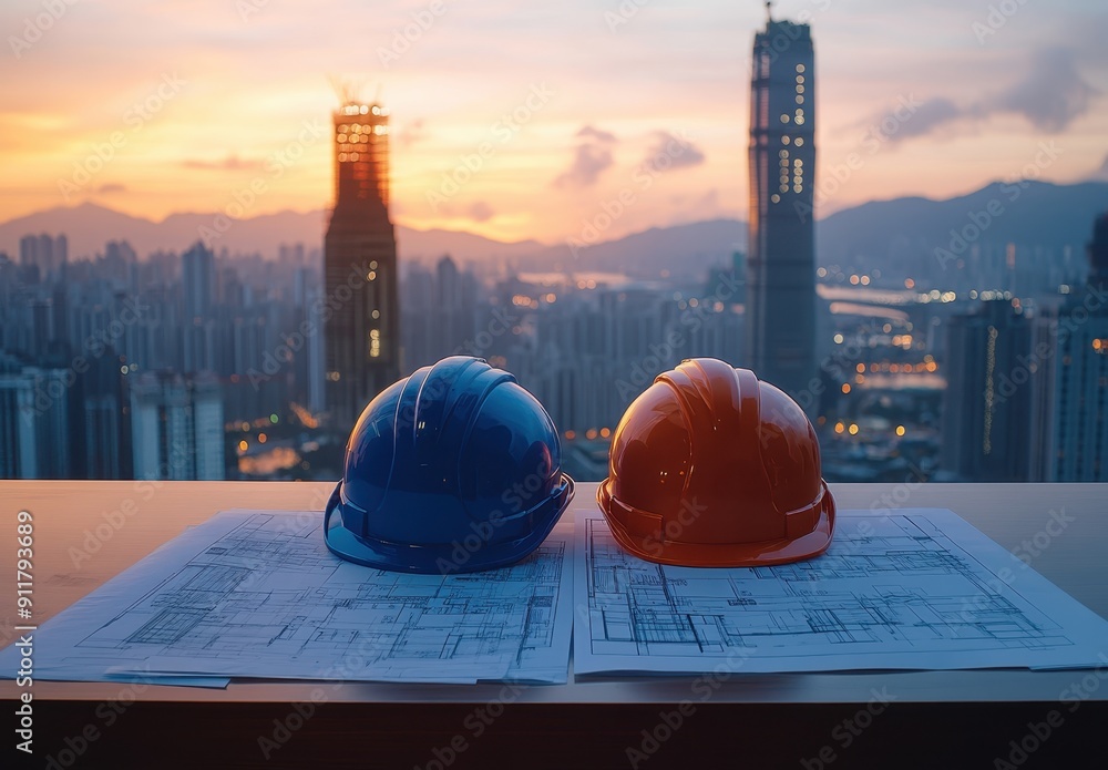 Two construction helmets and blueprints on table with city skyline in ...
