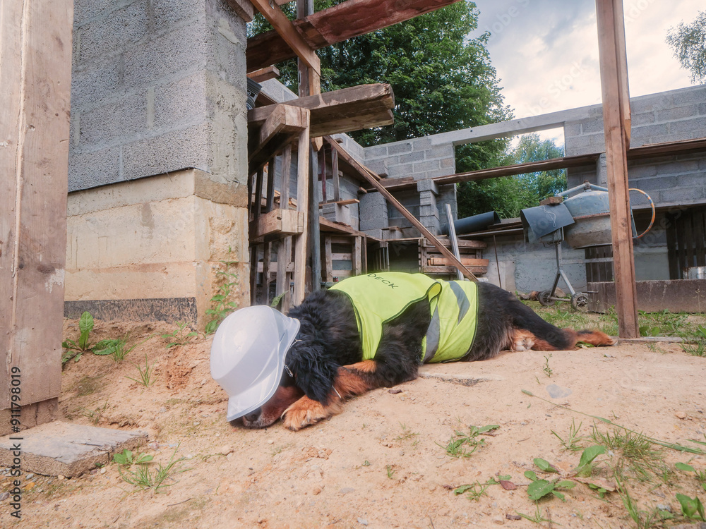 Cute Bearnaise dog sleeping on a construction site wearing high ...