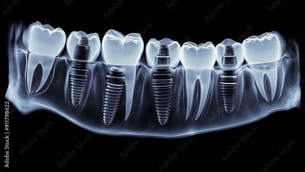 X-ray of jaw with dental implants, showcasing the details and layout of ...